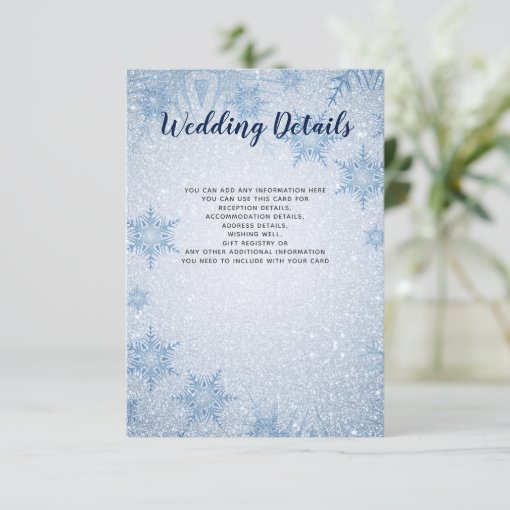 Glitter Blue Snowflake winter Wedding Details Card | Zazzle