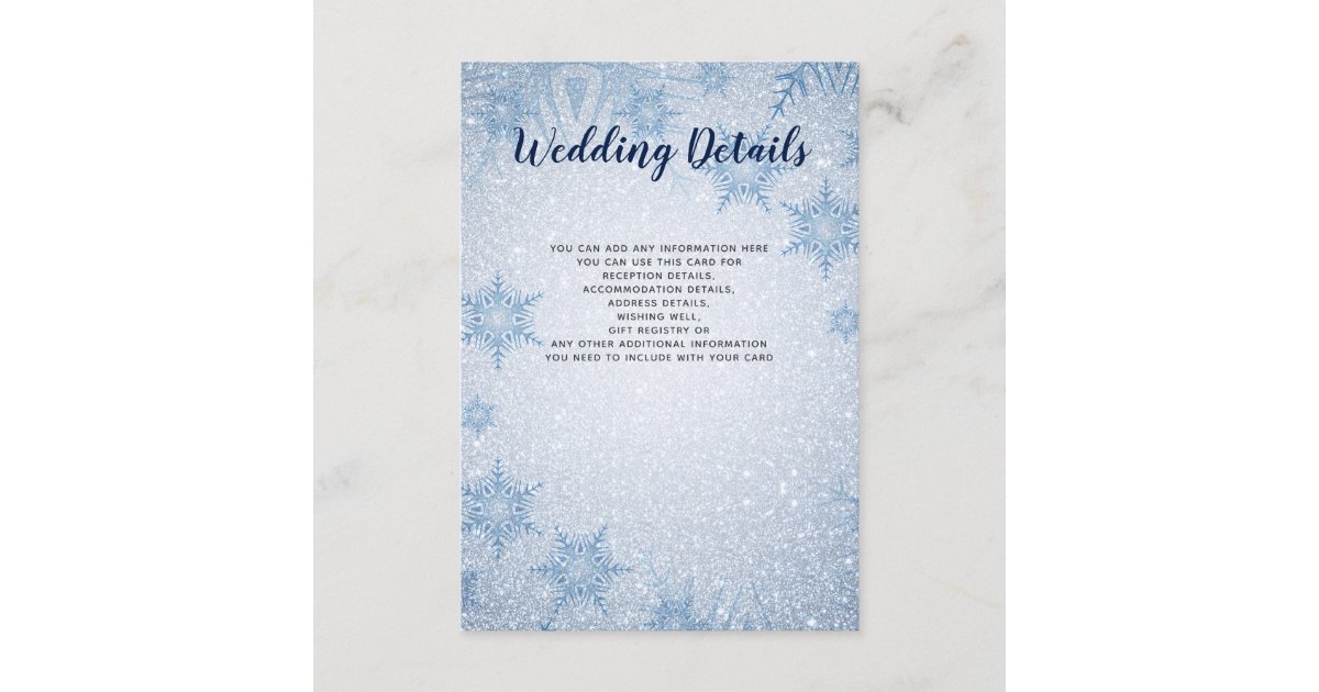 Glitter Blue Snowflake winter Wedding Details Card | Zazzle