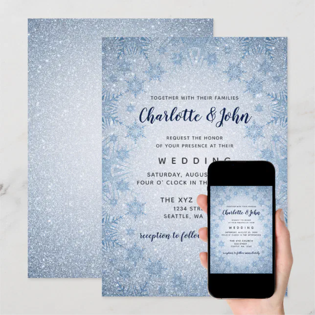 Glitter Blue Snowflakes winter wedding invitation | Zazzle