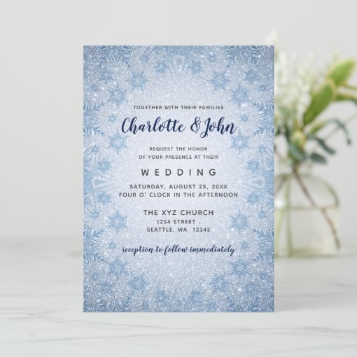 Glitter Blue Snowflakes winter wedding invitation | Zazzle