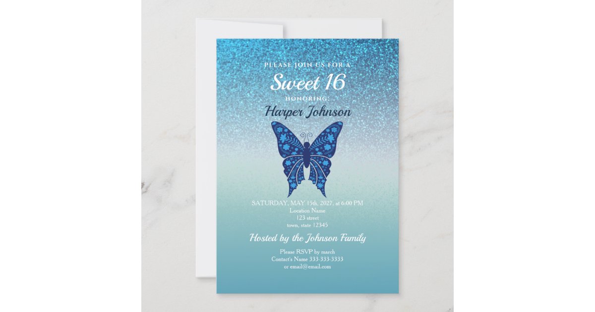 Glitter Blue Sweet 16 Birthday Invitation | Zazzle