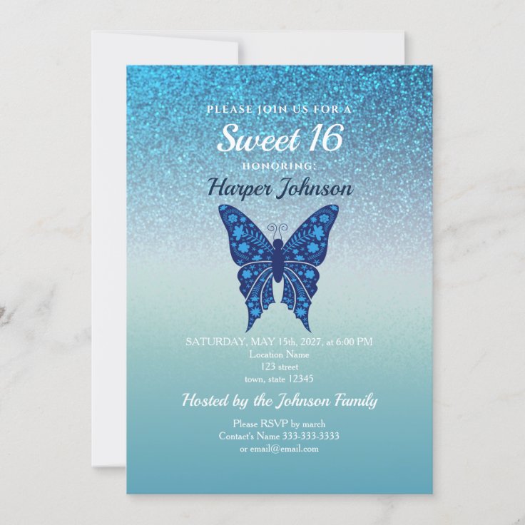 Glitter Blue Sweet 16 Birthday Invitation | Zazzle