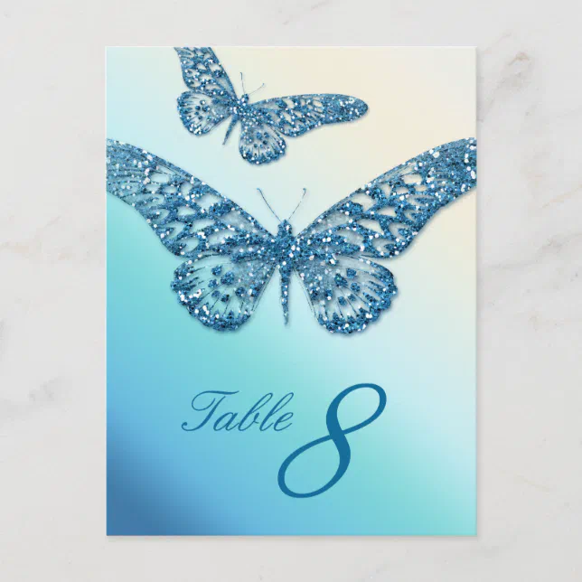 Glitter Butterfly Table Number Postcard Blue | Zazzle