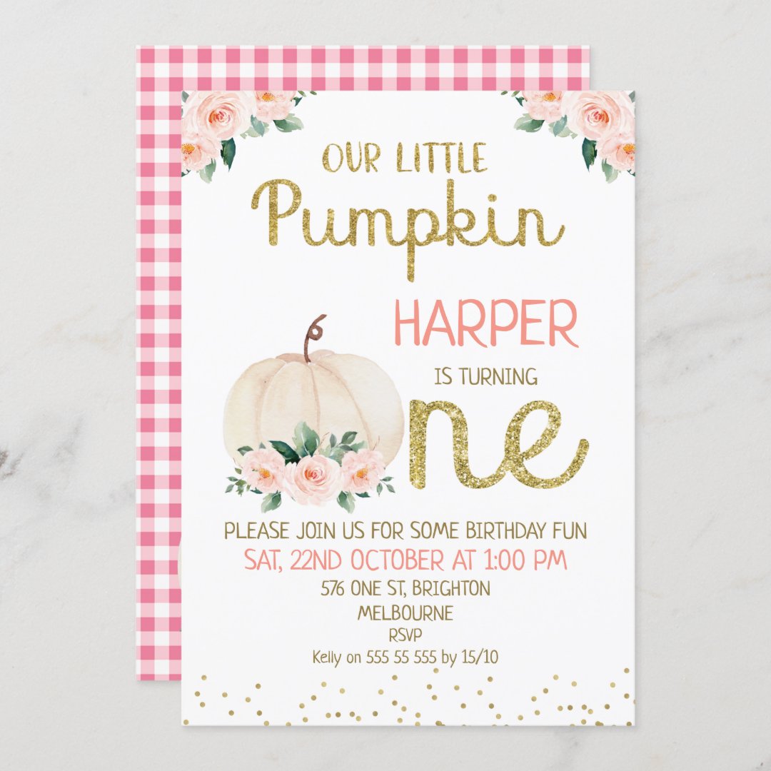 Glitter Calligraphy Pumpkin 1st Birthday Invitation | Zazzle