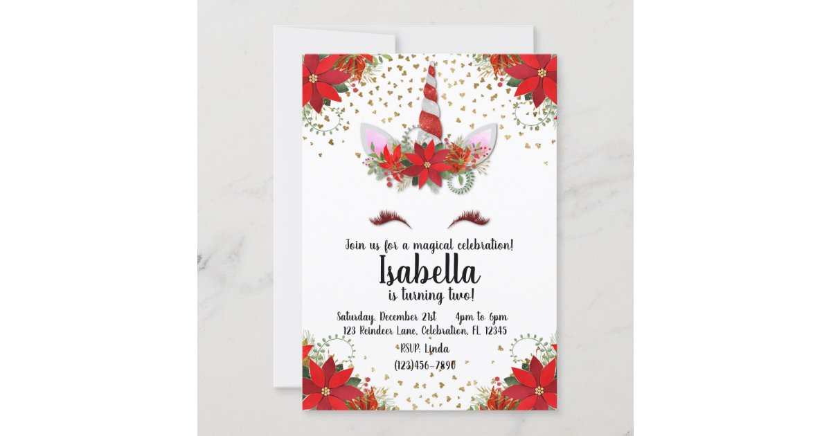 Glitter Candy Cane Unicorn Holiday Birthday Invitation | Zazzle
