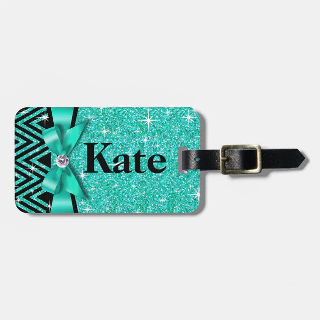 Glitter Chevron Bling Diamond Bow | teal Luggage Tag | Zazzle