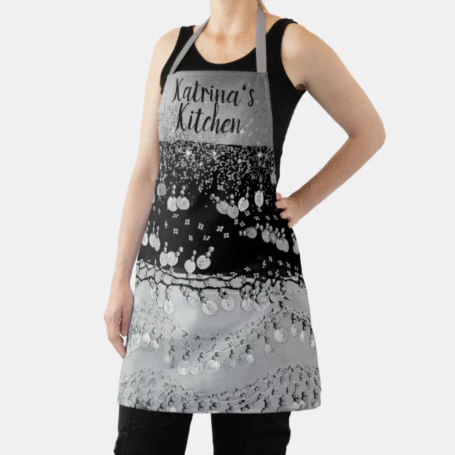 Glitter Coins Black and Silver Personalized Apron | Zazzle