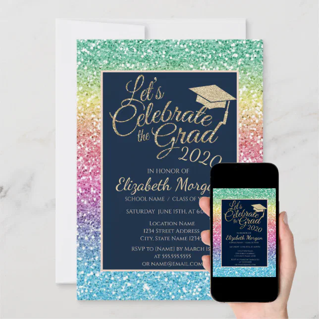 Glitter Colorful Graduation Cap Graduation Invitation | Zazzle
