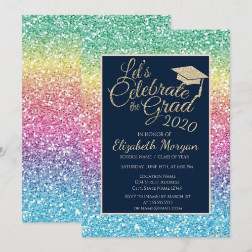 Glitter Colorful Graduation Cap Graduation Invitation | Zazzle