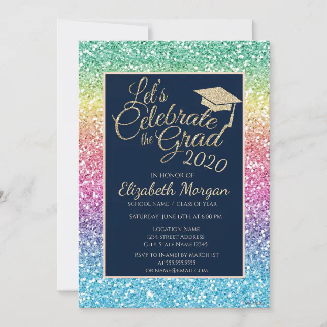 Glitter Colorful Graduation Cap Graduation Invitation | Zazzle