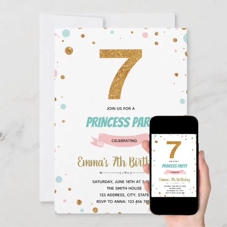 Glitter confetti 7th birthday invitation | Zazzle