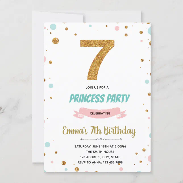 Glitter confetti 7th birthday invitation | Zazzle