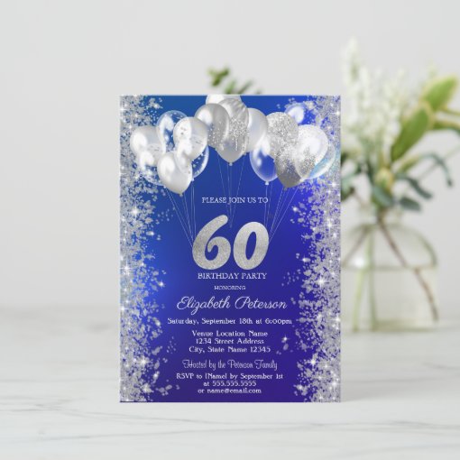 Glitter Confetti Balloons Navy Blue 60th Birthday Invitation | Zazzle
