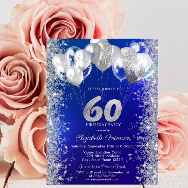 Glitter Confetti Balloons Navy Blue 60th Birthday Invitation | Zazzle