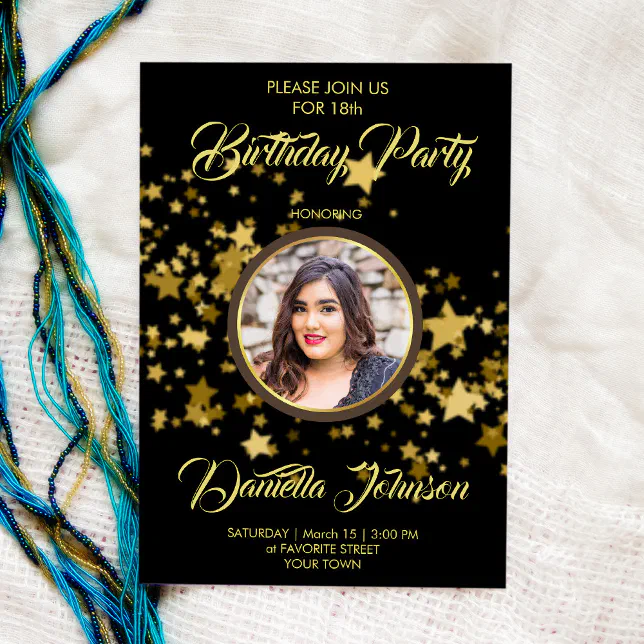 Glitter confetti stars custom photo birthday invitation | Zazzle