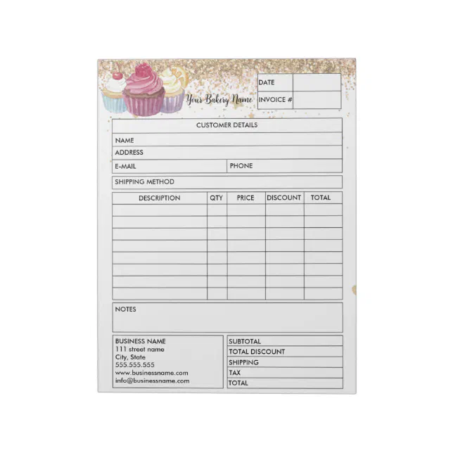 Glitter Cupcake Bakery Sales Form Receipt Invoice Notepad | Zazzle
