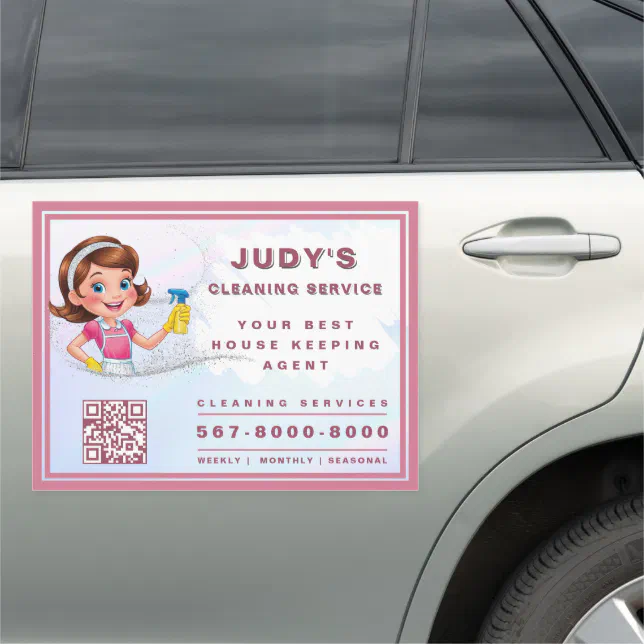 Glitter Cute Cleaning Lady QR code House Keeping Car Magnet | Zazzle