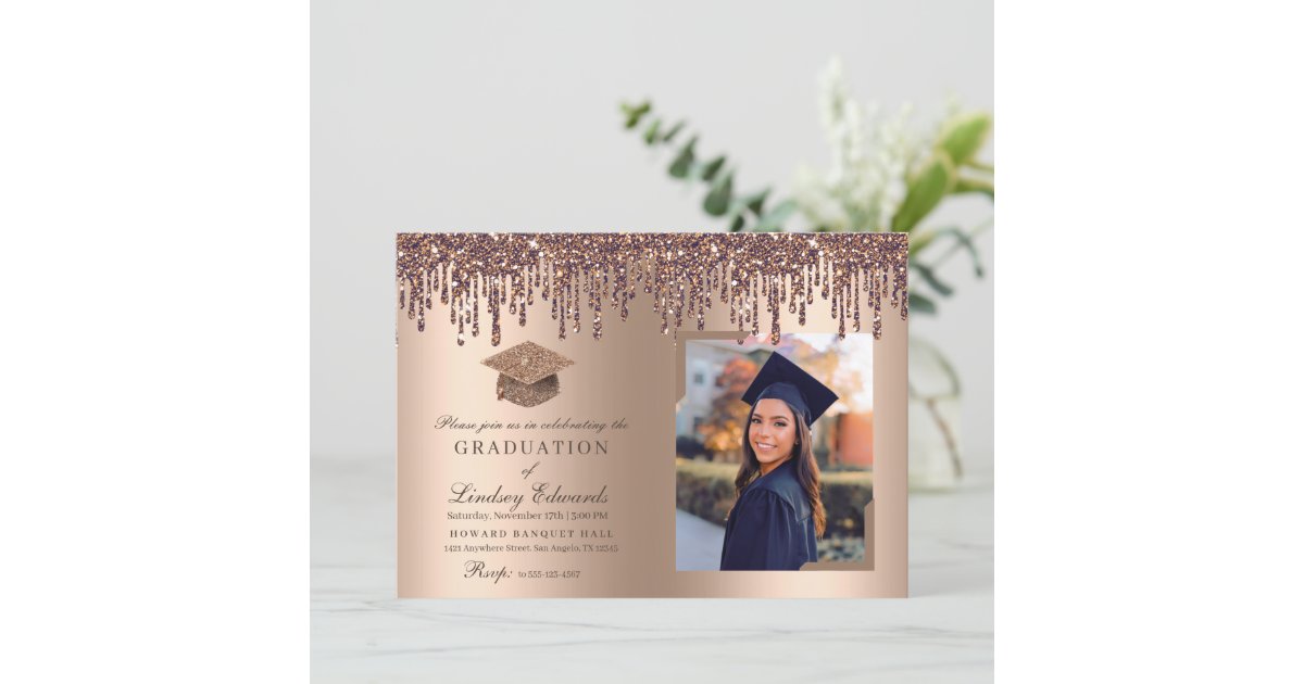 Glitter Drip Bronze Gold Graduation Photo Invitation | Zazzle