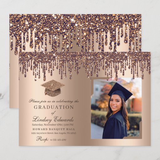 Glitter Drip Bronze Gold Graduation Photo Invitation | Zazzle