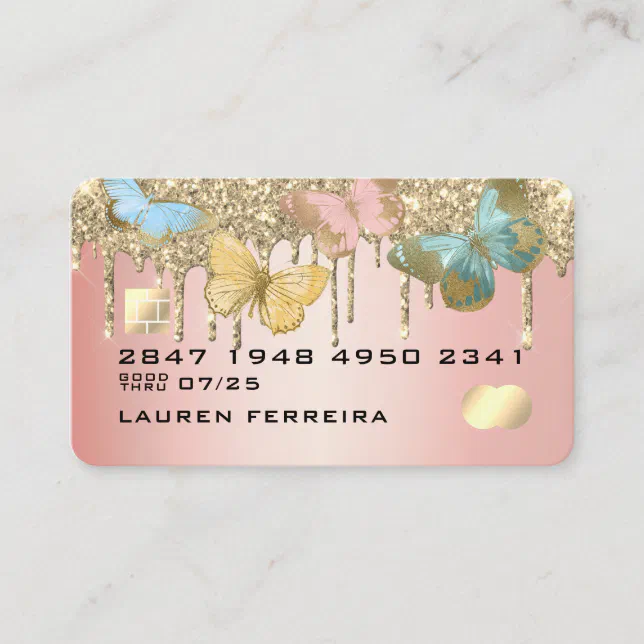 Glitter Drip Butterfly Girly Chic Faux Credit Card | Zazzle