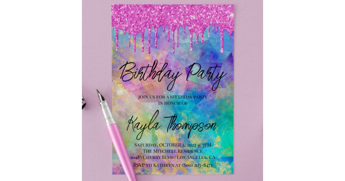 Glitter Drip Rainbow Birthday Party Invitation | Zazzle
