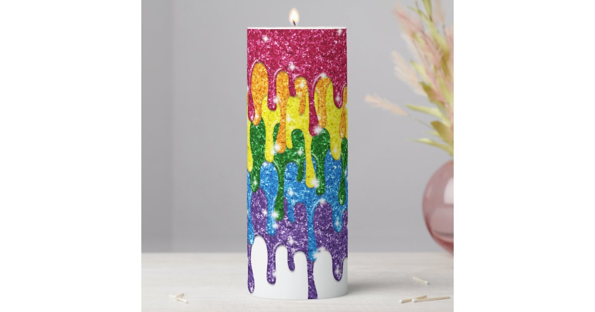 Glitter Drip Rainbow Pillar Candle | Zazzle