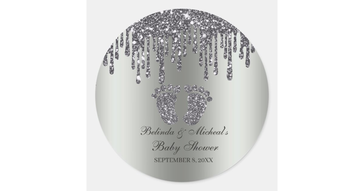 Glitter Drip Silver Baby Feet Baby Shower Classic Round Sticker | Zazzle