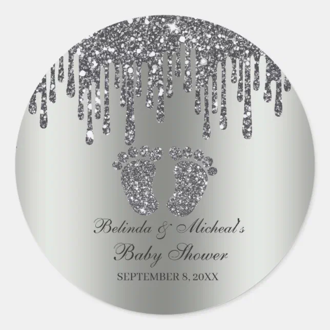Glitter Drip Silver Baby Feet Baby Shower Classic Round Sticker | Zazzle