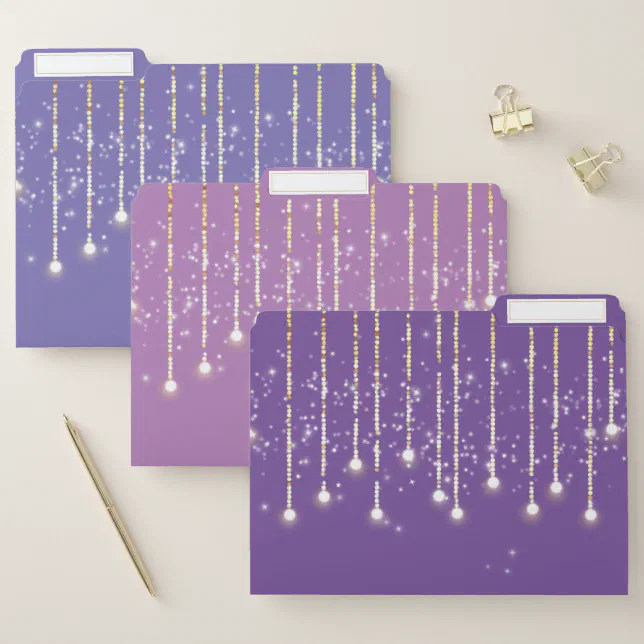 Glitter dripping string lights shiny purple chic file folder | Zazzle
