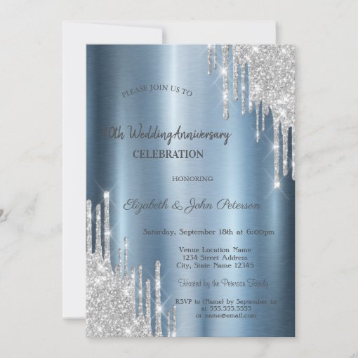 Glitter Drips Blue Metallic Wedding Anniversary Invitation | Zazzle