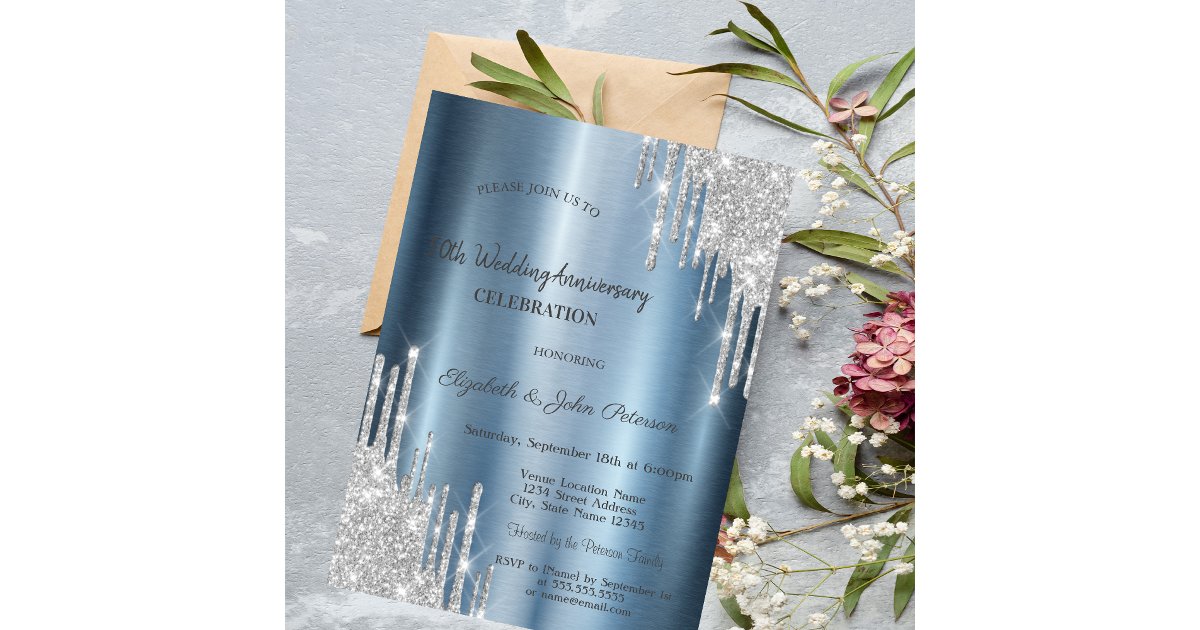 Glitter Drips Blue Metallic Wedding Anniversary Invitation | Zazzle