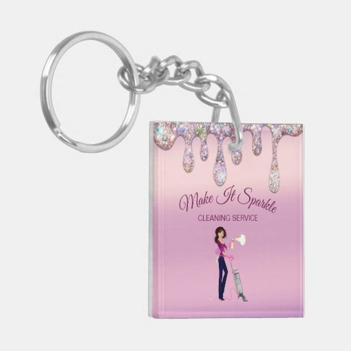 Glitter Drips Cartoon Maid Cleaning Service Keychain | Zazzle