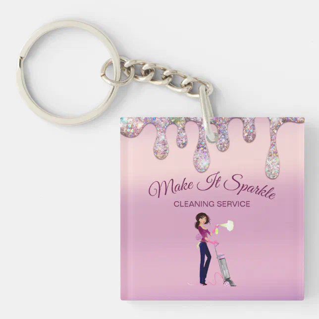 Glitter Drips Cartoon Maid Cleaning Service Keychain | Zazzle