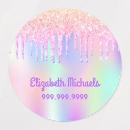 Glitter drips rainbow color name school belongings labels | Zazzle