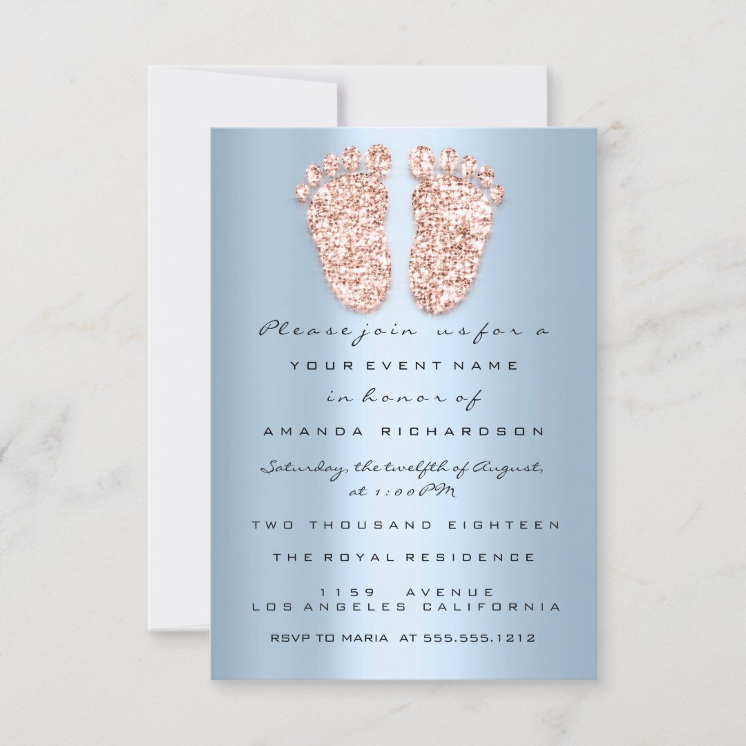 Glitter Drips Rose Blue Baby Shower Feet Foot Invitation | Zazzle