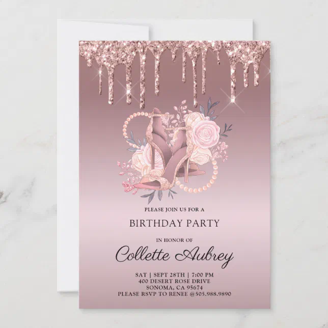 Glitter Drips Rose Gold Birthday Invitation Zazzle