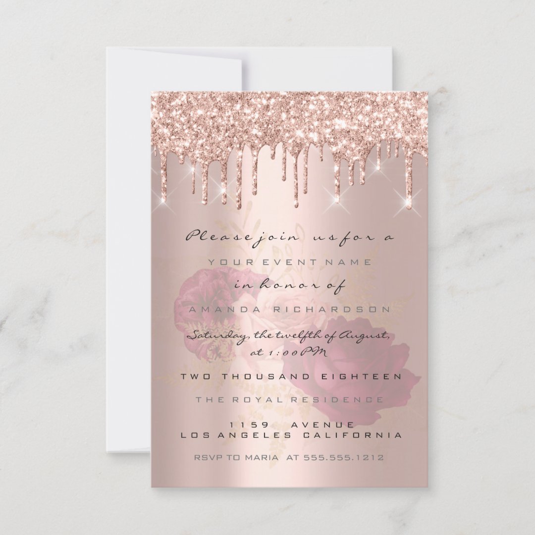 Glitter Drips Rose Gold Bridal Sweet 16th Marsala Invitation | Zazzle