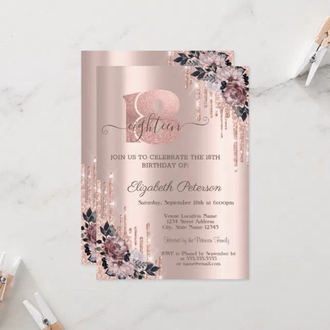 Glitter Drips Rose Gold Flowers 18th Birthday Invitation | Zazzle
