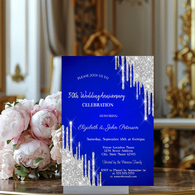 Glitter Drips Royal Blue Wedding Anniversary Invitation | Zazzle
