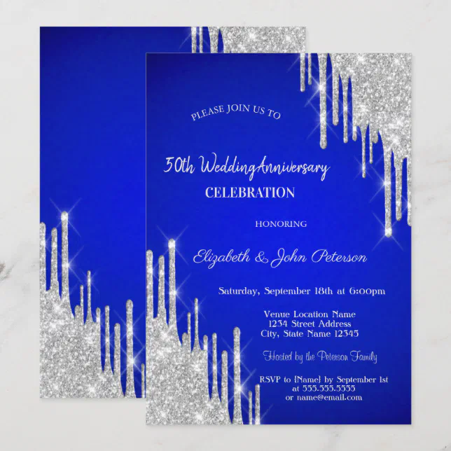 Glitter Drips Royal Blue Wedding Anniversary Invitation | Zazzle