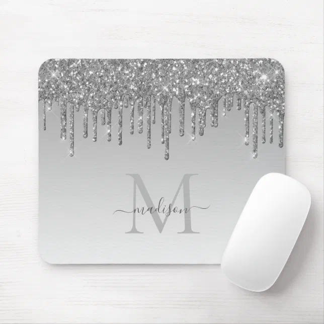 Glitter Drips Silver Gray Sparkle Monogram Elegant Mouse Pad | Zazzle