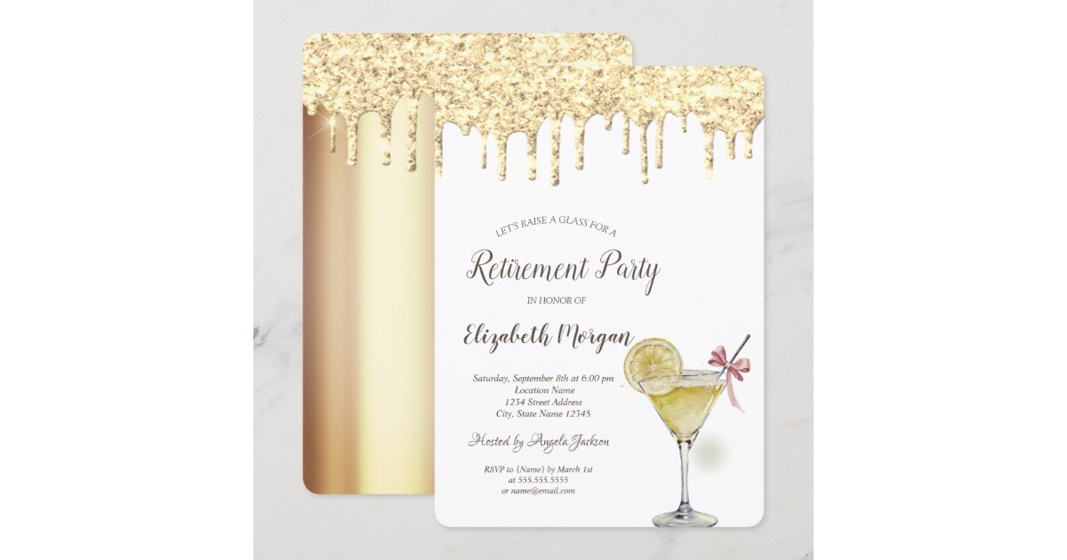 Glitter Drops Cocktail Lemon Retirement Invitation | Zazzle