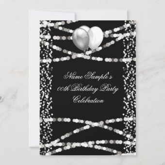 Glitter Faux Foil Silver Balloons Black Birthday Invitation | Zazzle
