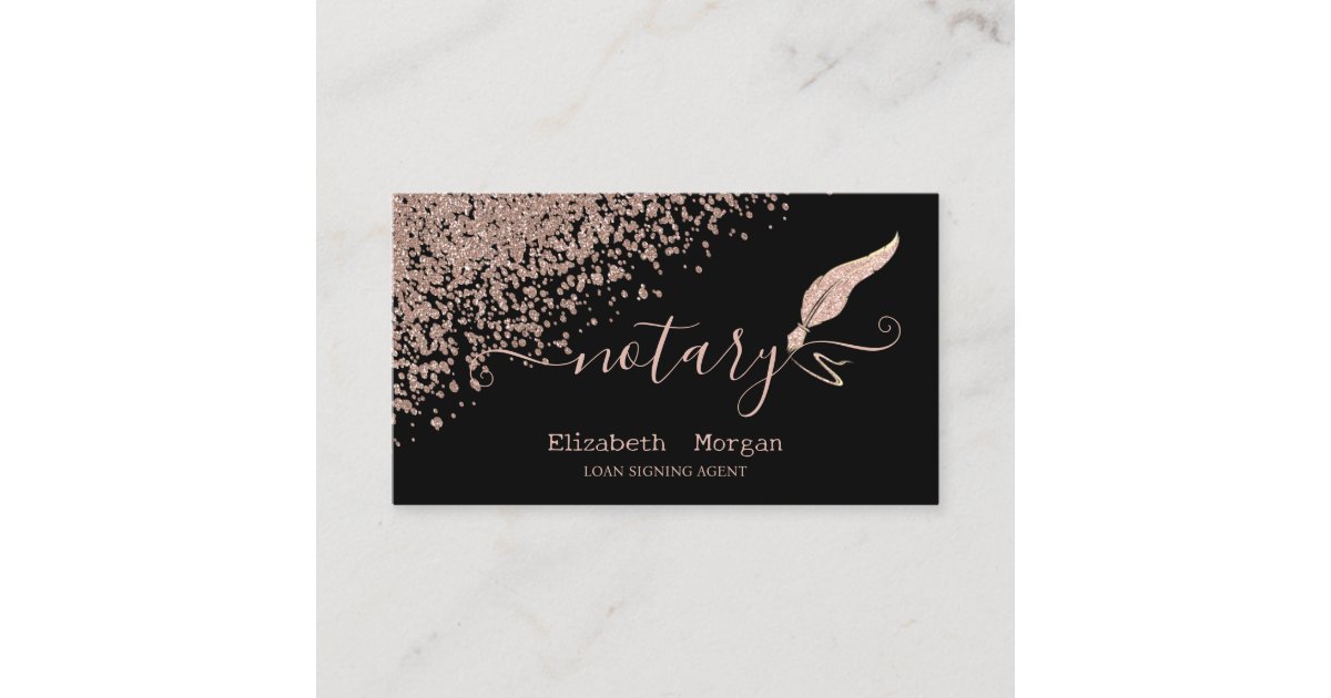 Glitter Feather Notary Rose Gold Diamonds Black Business Card | Zazzle