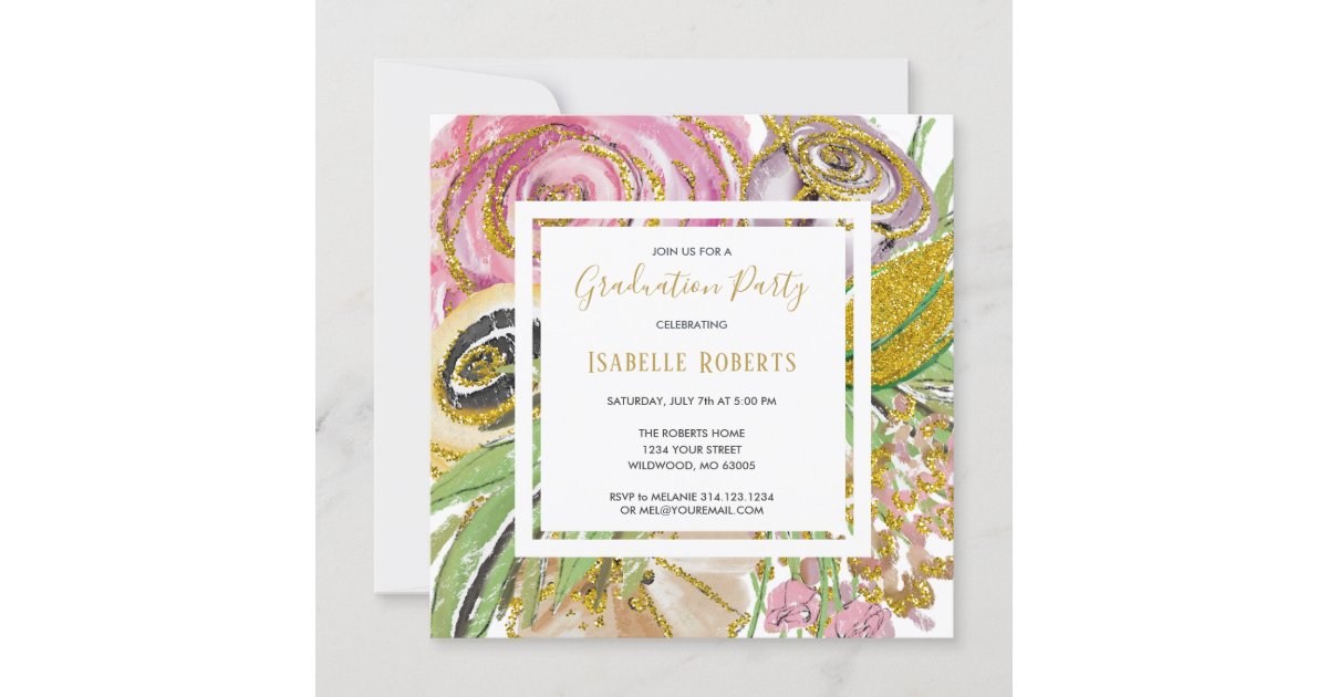 Glitter Floral Graduation Party Invitation | Zazzle