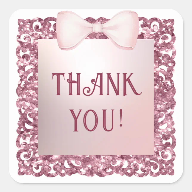 Glitter Frame Pink Bow Thank You Sticker | Zazzle