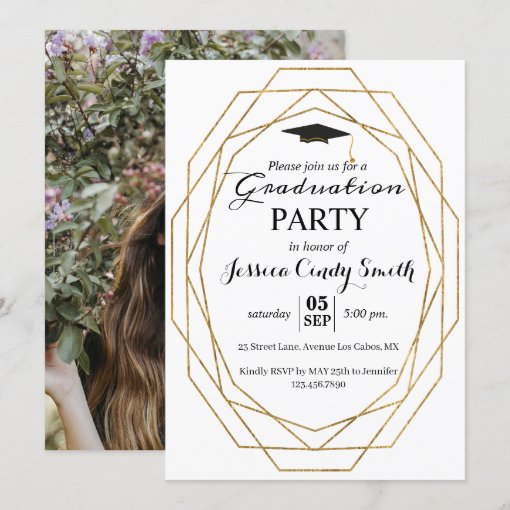 Glitter Geometric Frame Photo Graduation Party Invitation | Zazzle