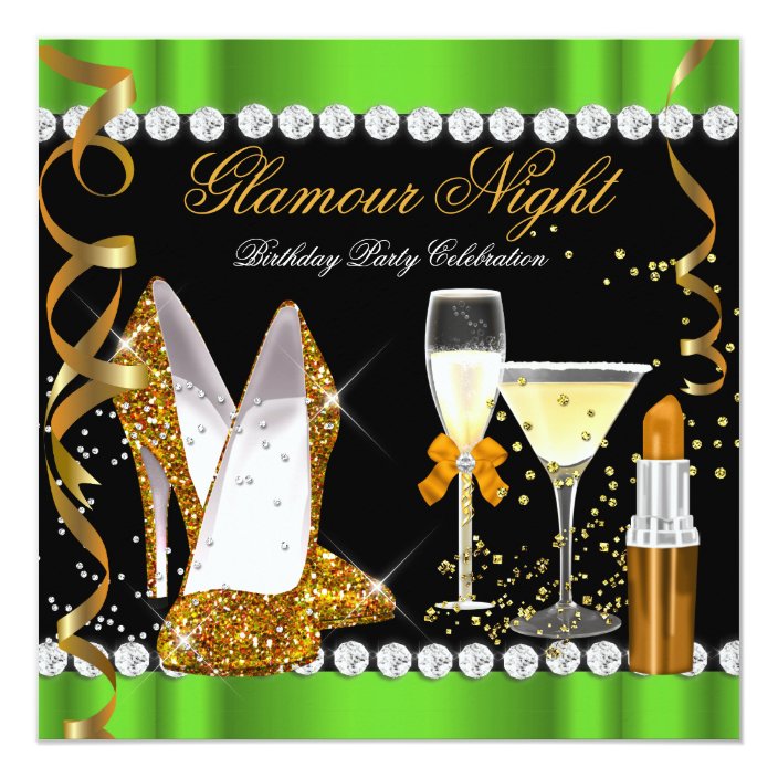 Glitter Glamour Night Lime Green Gold Black Party Invitation | Zazzle.com