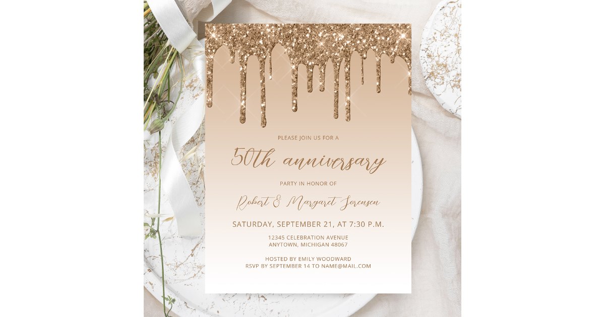 Glitter Gold 50th Anniversary Script Postcard | Zazzle