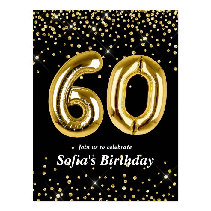 glitter gold balloon for 60th birthday party postcard | Zazzle.com